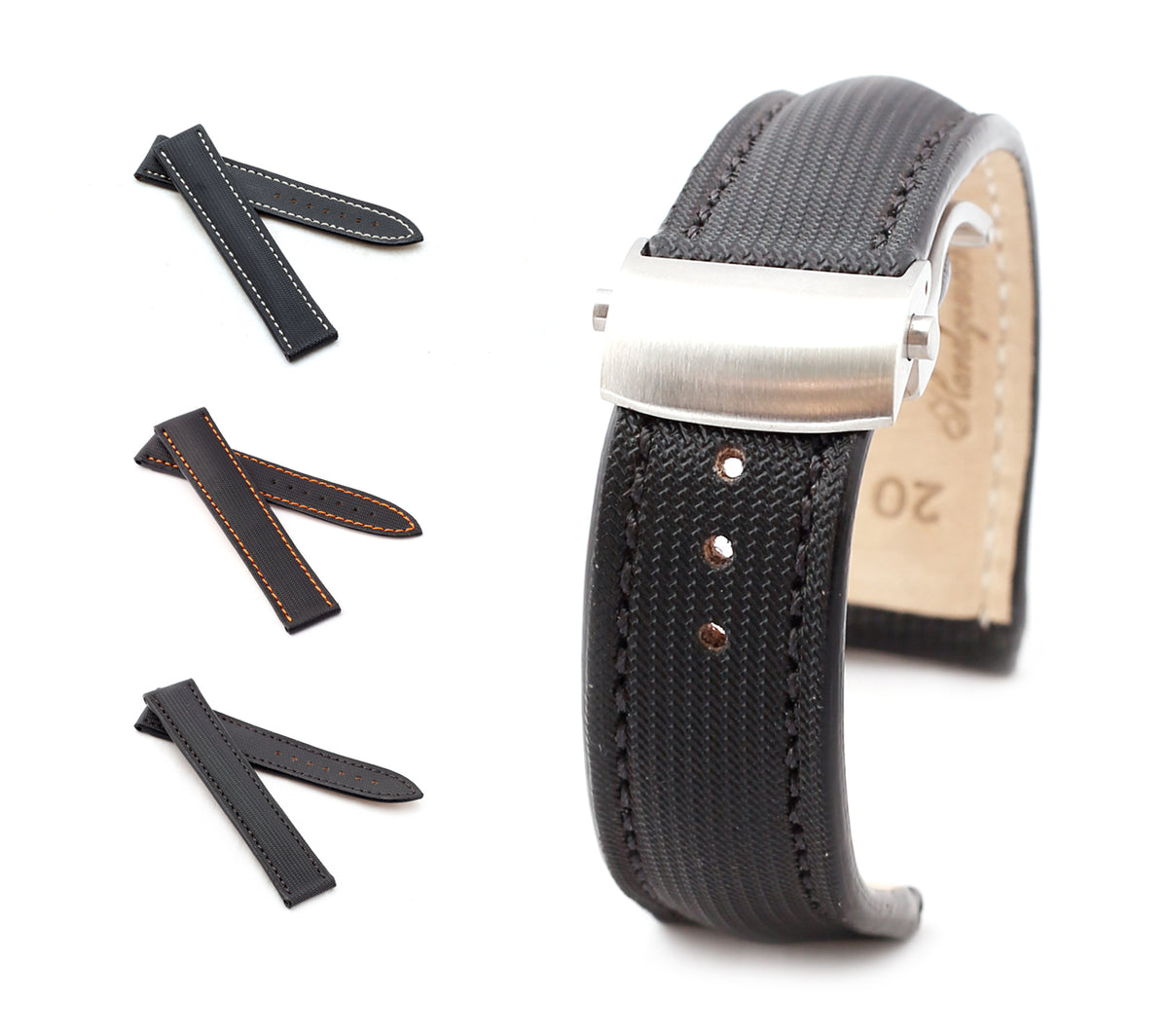 Omega -Style NYLON leather deployment Watch Strap - Pewter and Black ...